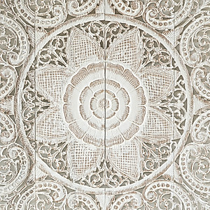 Wood Hand Carved Mandala King Size Headboard Wall Mounted Art Hanging Whitewash Bedroom Furniture Handcrafted in Thailand 72 Inches