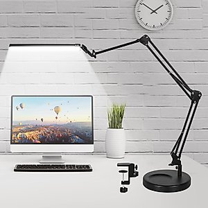 Desk Lamps for Home Office, 2-in-1 LED Desk Lamp, 3-Section Long Arm Desk Light with Clamp and Base, Adjustable Table Lamp with 3 Colors Modes, 10 Dimmer Levels and Memory Function