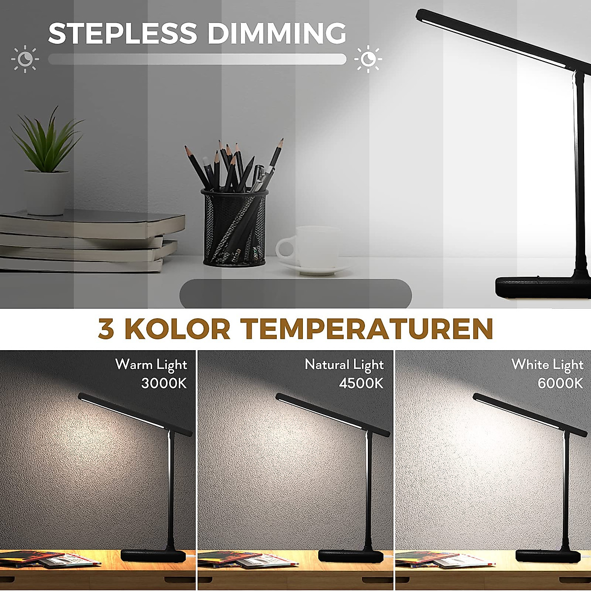 candyfouse LED Desk Lamp with Touch Control, Reading Lamp No Flicker, 3 Color Modes, Foldable Table Lamp, Eye Caring Reading Light for Office, Home, Dormitory, USB Interface DC5V 1A(Black)