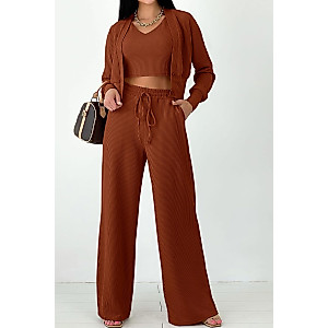 PRETTYGARDEN Womens 2024 Fall Track Suits 3 Piece Outfits Matching Sets Ribbed Knit Cardigan Cropped Tank Tops Wide Leg Pants (Brown,Large)