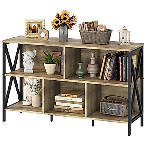 Horizontal Bookshelf,Industrial Modern 5 Cube Low Wide Cubby Bookcase,Long Wood and Metal Storage Organizer Open Shelf, Short Book Shelf Bedroom Storage for Home Office Living Room(Rustic Oak,5 Cube)