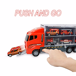 Smart Novelty Die Cast Emergency Trucks Vehicles Toy Cars Play Set in Carrier Truck - 7 in 1 Transport Truck Emergency Car Set for Kids Gifts (Fire Vehicle Set)