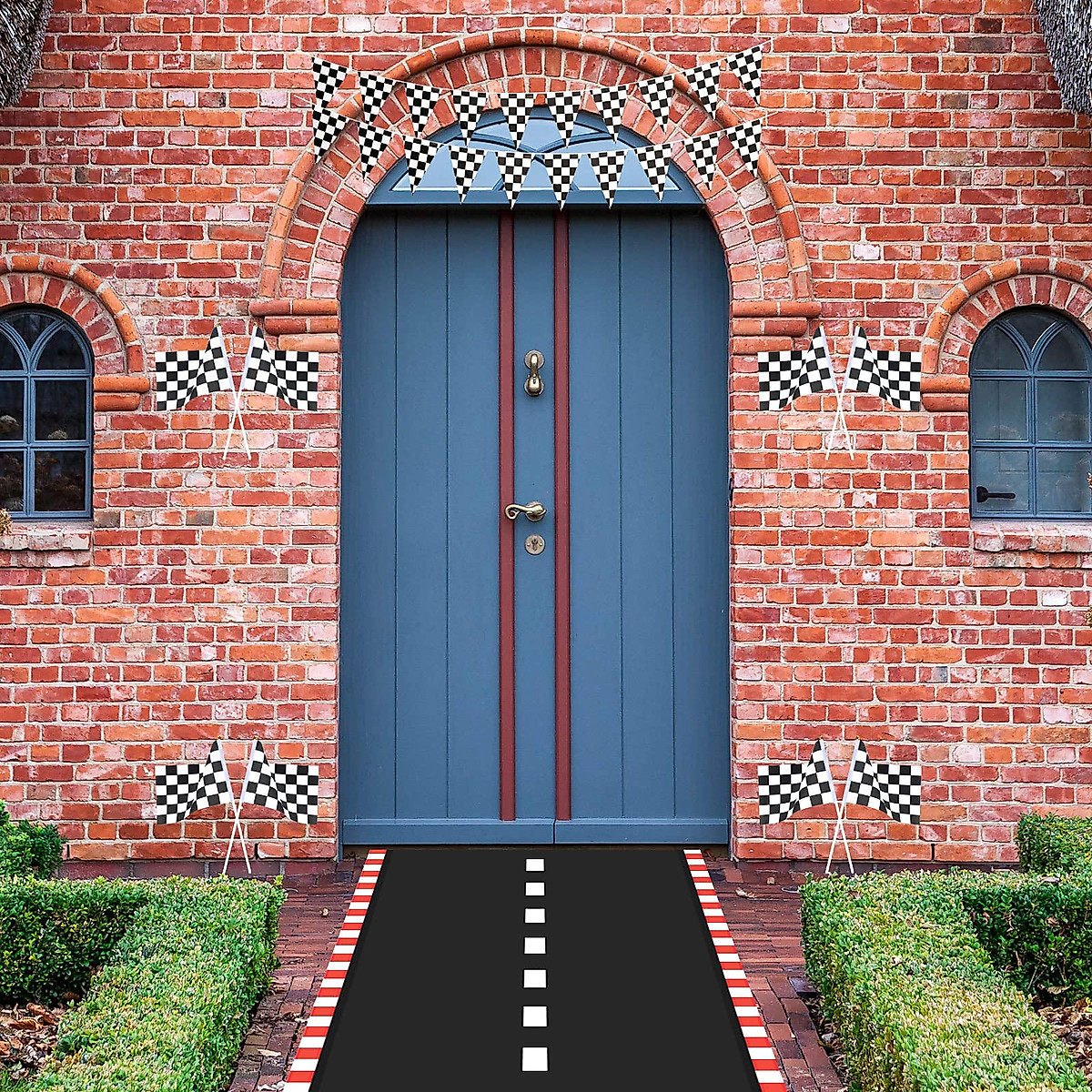 Racing Car Party Decorations Supplies 6.6 x 2 Ft Long Racetrack Floor Running Mat, 6.6 Feet Checkered Racing Pennant Banner, 10 Pcs Checked Race Flags with Stick for Birthday Race Car Party Decors