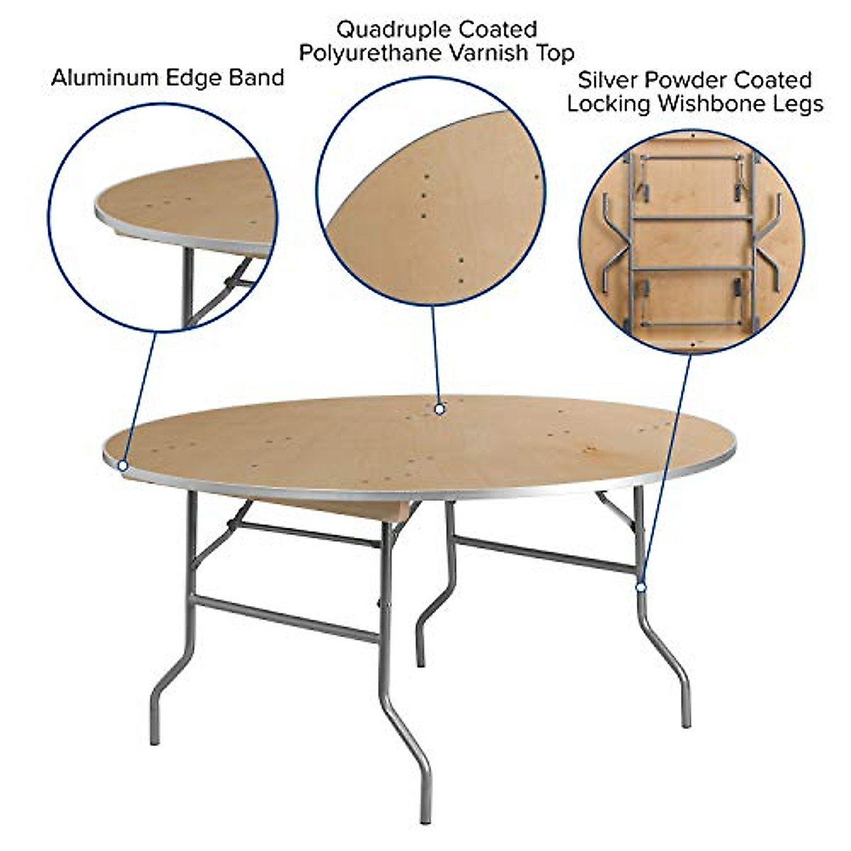 Flash Furniture 5-Foot Round HEAVY DUTY Birchwood Folding Banquet Table with METAL Edges
