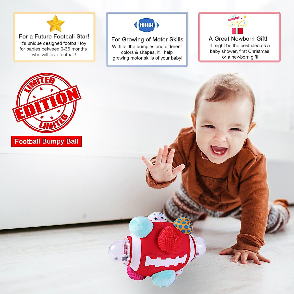 The Season Toys Football Bumpy Ball for Baby Cognitive Developmental, Baby Boys & Girls – Newborn to 36 Months Sensory Football Rattle Toy, Red