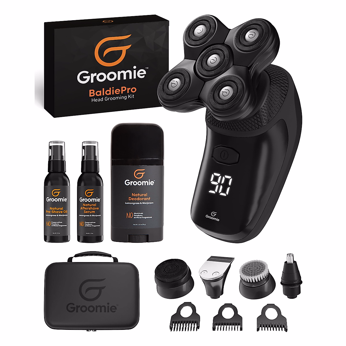 Groomie Crispy AF, Shaving & Grooming Kit for Bald Men - Set Includes BaldiePro Electric Razor, Pre-Shave Oil, Aftershave, Deodorant & Travel Carrying Case - All-in-One Head Shaver Kits for Men