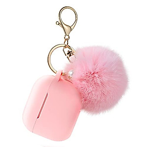 Protective Case Cover for Airpods 3 Charging Case, Soft Silicone Case Compatible with Air Pods 3rd Generation 2021 with Cute Ball Fluffy Pom Pom Keychain Kit (3rd, Pink)