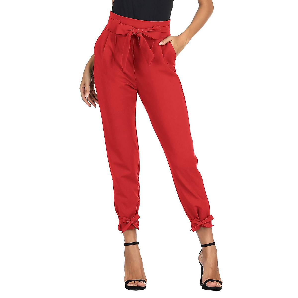 GRACE KARIN Womens Casual High Waist Pencil Pants with Pockets Bow-Knot Cropped Paper Bag Pants for Work Red XL