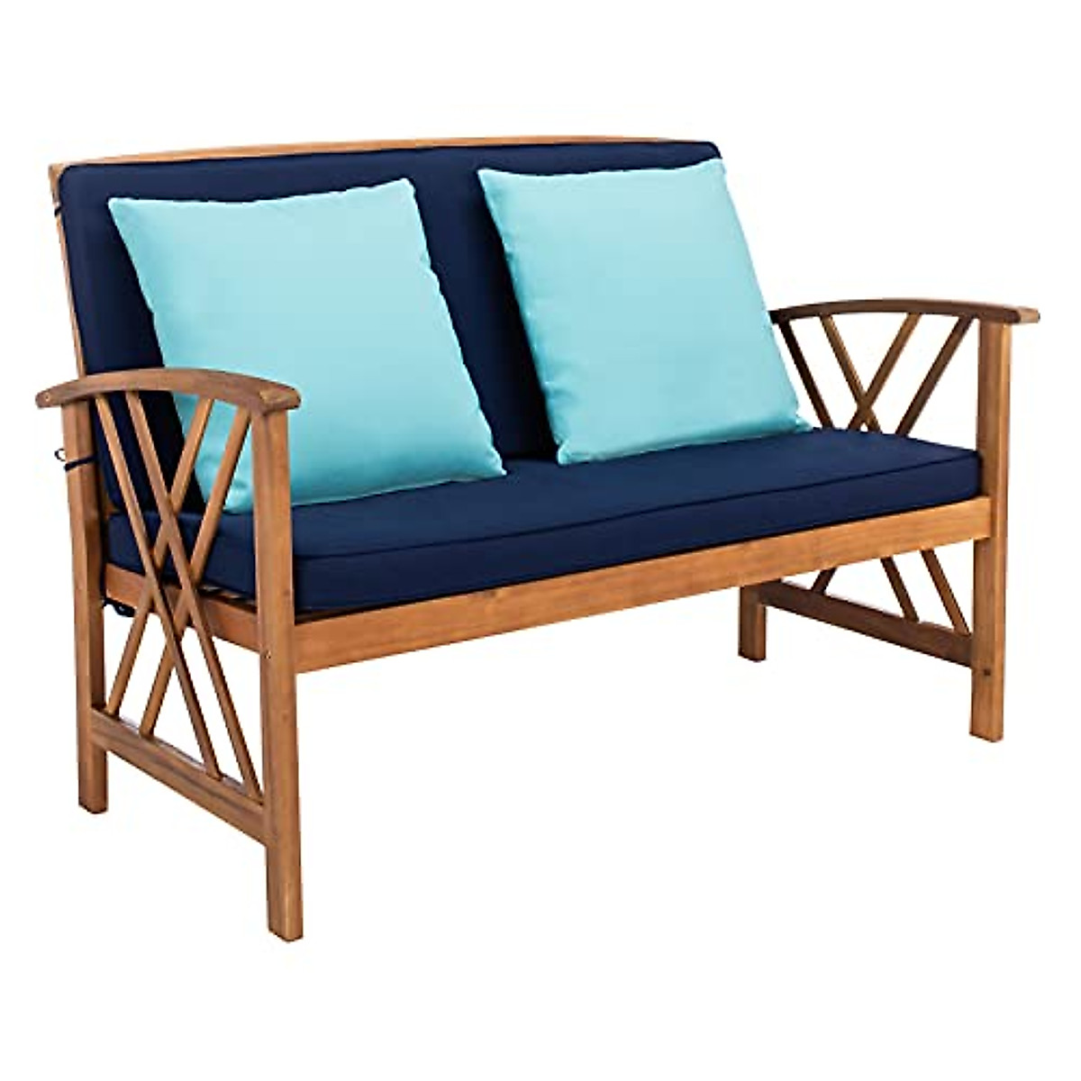 SAFAVIEH Outdoor Collection Fontana Natural/ Navy Cushions/ Blue Pillows 4-Piece Conversation Patio Set