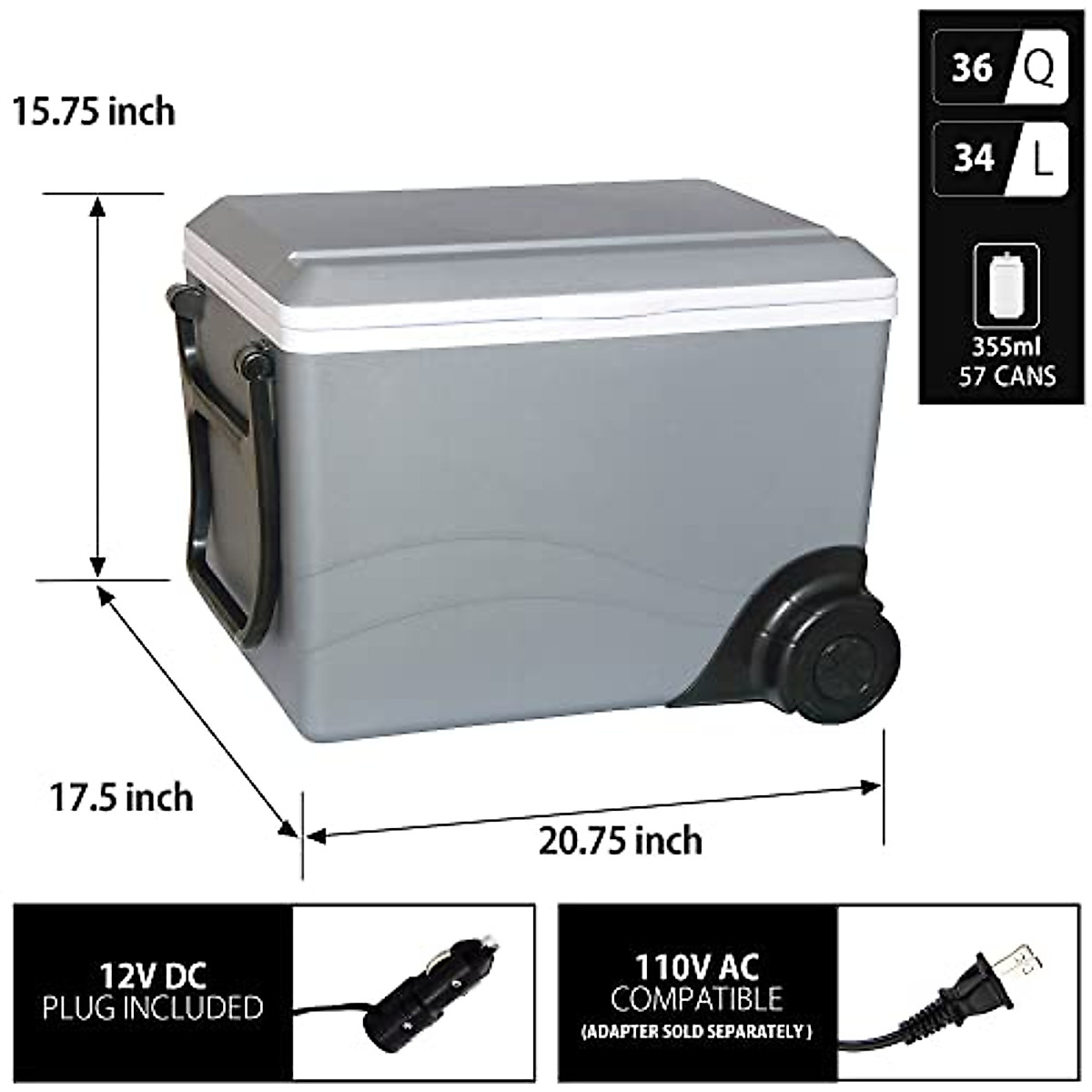 Koolatron Thermoelectric Iceless 12V Cooler/Warmer 36 qt (34 L) w/Wheels, Portable Electric Rolling Car Fridge w/ 12 Volt DC Power Cord, Gray/White, Travel Road Trips Camping, Made in North America