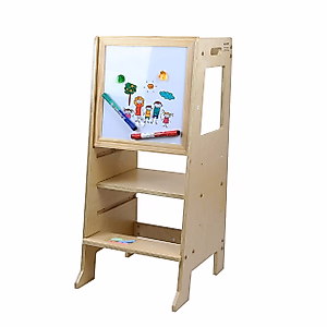 Height Adjustable Kids Kitchen Step Stool with Black and White Activity Board Learning Stool for Toddler Chef Helper Standing Tower