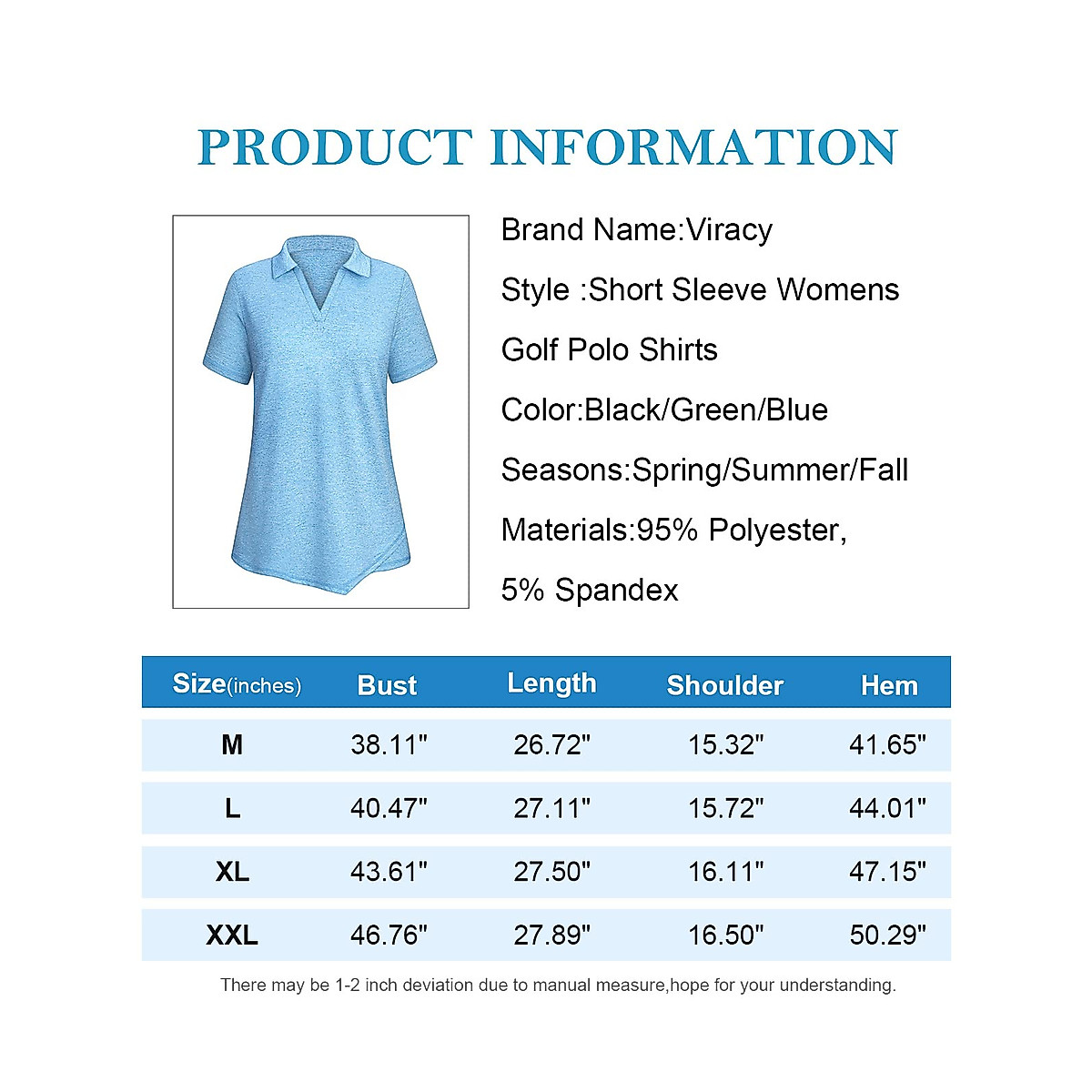 Viracy Golf Shirts for Women, Collared Polo Shirt Short Sleeve V Neck Yoga Running Tops Irregular Hem Moisture Wicking Tennis Apparel,Blue-XL
