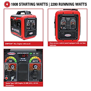 SIMPSON Cleaning SIG2218 Portable Gas Generator and Inverter Power Station for Camping, RV, Home Use, Construction, and More, 1800 Running Watts 2200 Starting Watts