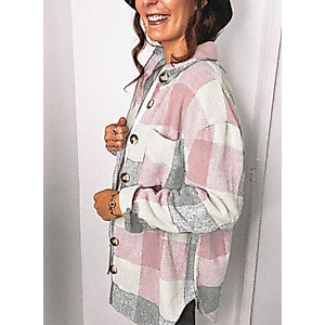 SHEWIN Women's Flannel Shirts Long Sleeve Plaid Lapel Casual Button Up Shacket Jacket Coats with Pockets Fall Tops for Women,US 8-10(M),Pink