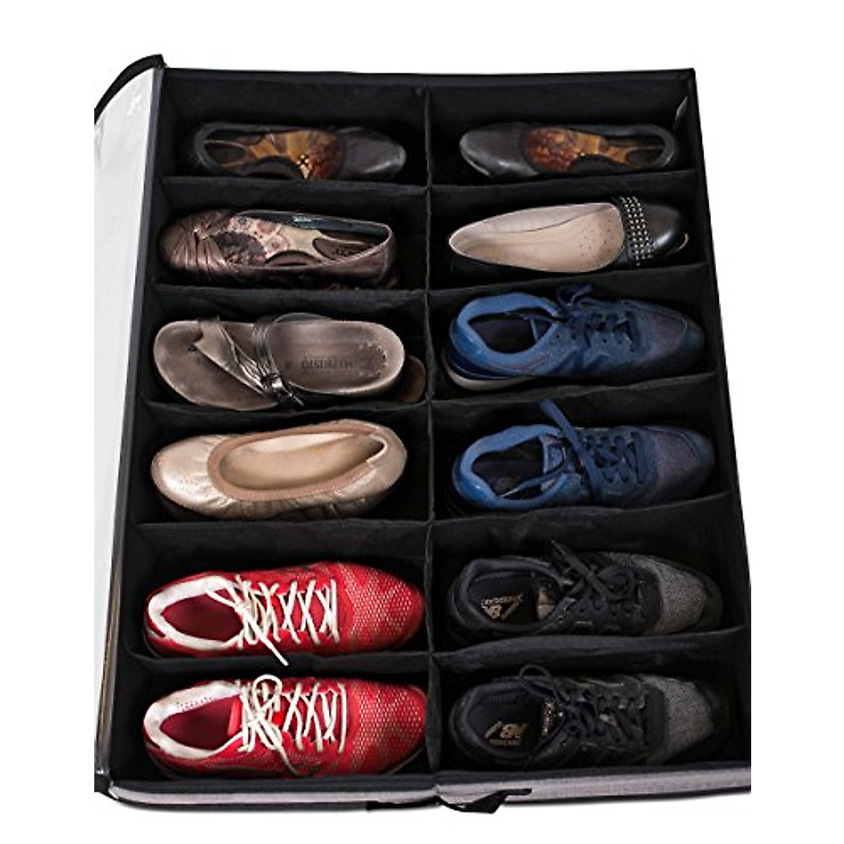 Internet's Best Under the Bed Shoe Storage Organizer - 12 Pair/Pockets - Zipper Closure Clear Cover - Grey