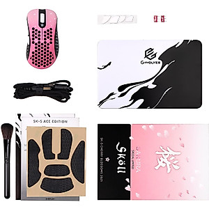 Gwolves Skoll Mini SK-S Sakura 50g Ultralight Weight Honeycomb Design Ergonomic Gaming Mouse with 3389 Sensor - PTFE Skates - 16,000DPI - Detachable Cable (Pink) (Small)