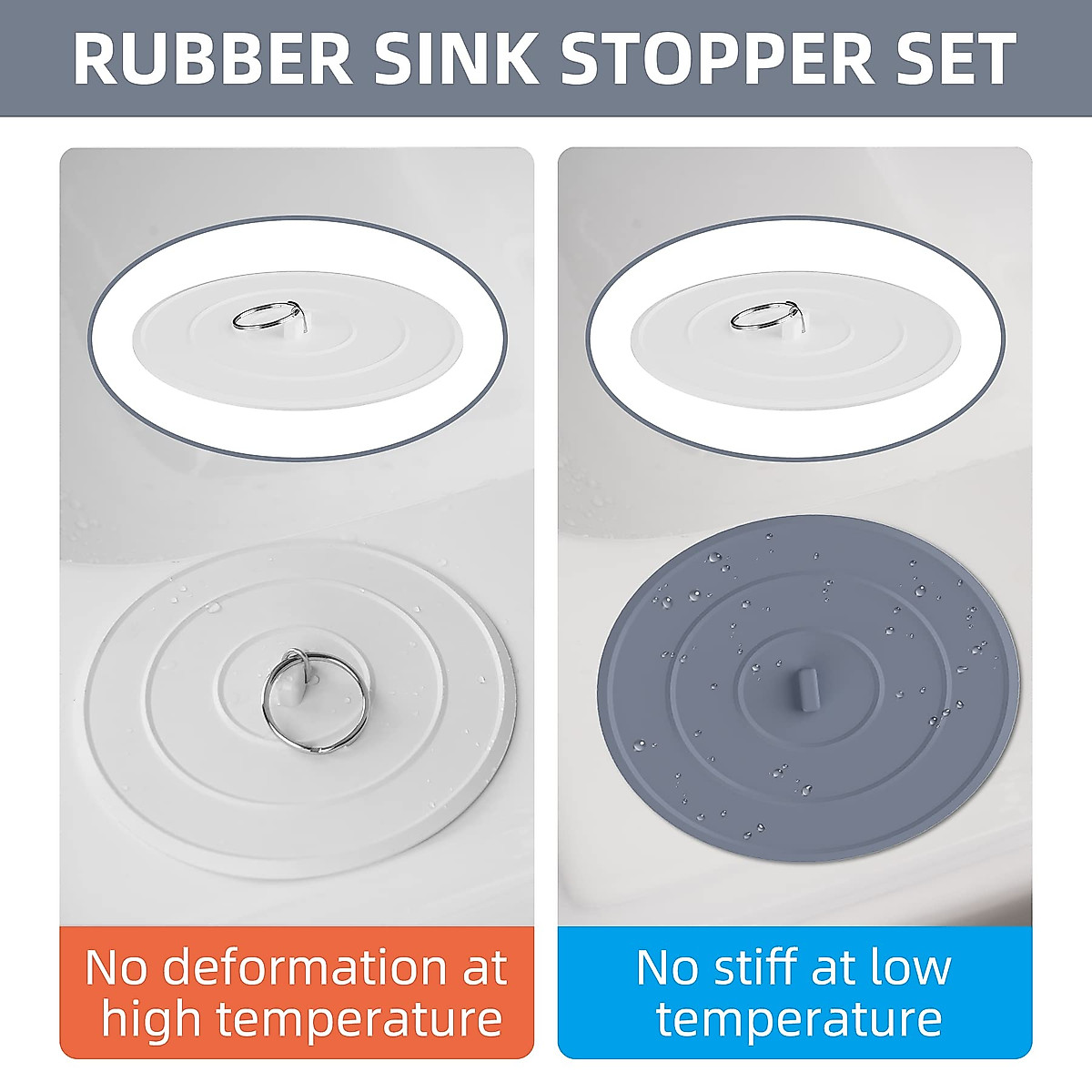 Hibbent 2 Pack Bath Tub Stopper, Flat Suction Sink Stopper Rubber Silicone Shower Drain Bath Plug Stopper for Kitchen, Bathroom and Laundry Sink (White-Grey)