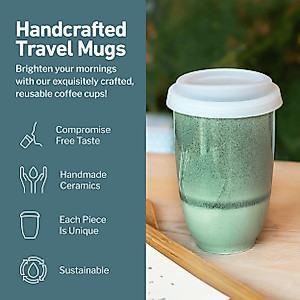 NOVA CERAMICS Travel Mug – Travel Coffee Tumbler – On the Go Coffee Mug – Microwave & Dishwasher Safe Green Coffee Tumbler - Gifts for Women Men Him Her – 12oz – Emerald