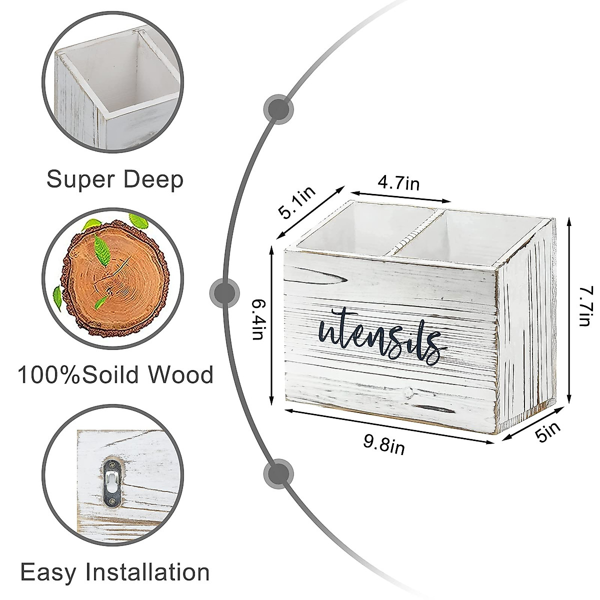 Uituka Utensil Holder Organizer Countertop for Kitchen Wood Crock Farmhouse Caddy Flatware Storage Box Rustic Utensils for Kitchen with 2 Compartments