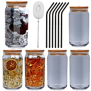 Ufrount Glass Cups Set of 6,16 OZ Drinking Glasses with Lids and Straws,Gray Glass Coffee Cups,Cute Iced Coffee Glasses for Cocktail,Whiskey,Juice