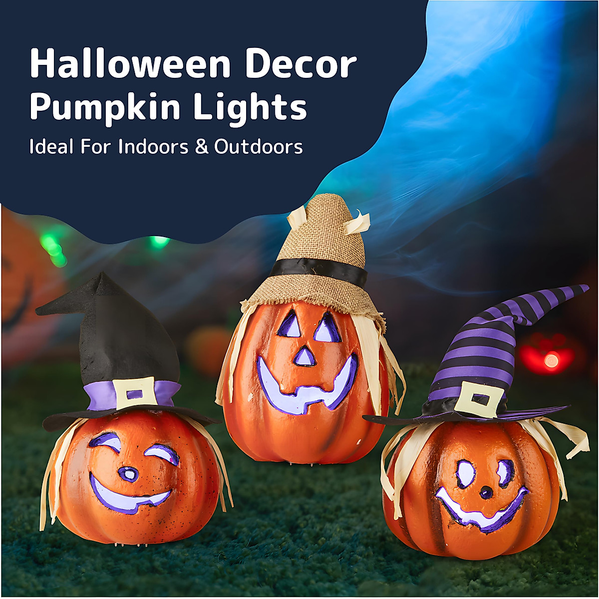 Prextex Halloween Pumpkin Decorations - 3pc Set of Halloween Outdoor Pumpkin Decorations for Porch - Jack-o-Lanterns Decor Pumpkin Lights