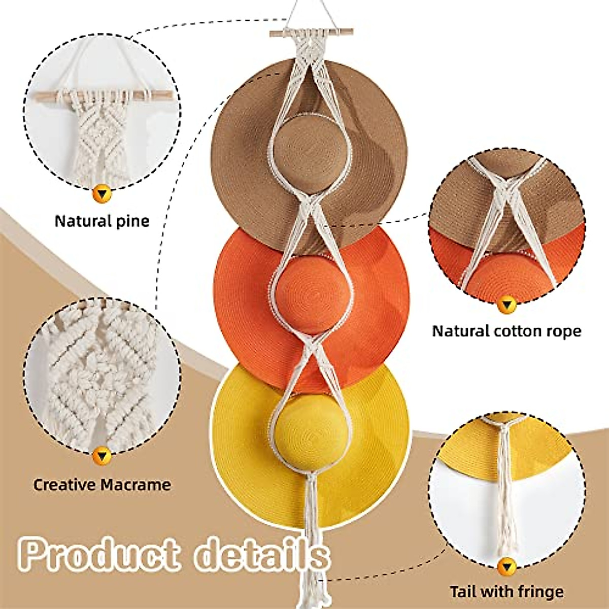 Boho Hat Hangers for Wall, Hat Organizer, Wall Hanging Hat Holder, Bohemian Hand Weaving Hat Storage and Hat Display for Straw Hats and Wide Brim Hats, Decorative Hat Rack for Closet and Door (WHITE)