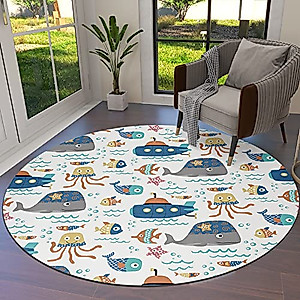 Round Modern Area Rug Mats for Living Room Cute Submarine Whale Fish Octopus Cartoon Ocean Sea Life Pattern Non-Slip Floor Mat Carpet Soft Throw Rug Comfort Accent Rug for Kitchen/Kids Room