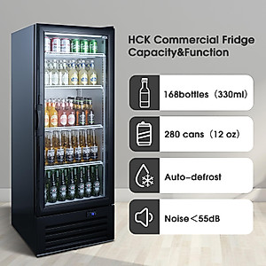 HCK Commercial Beverage Refrigerator 23 inch,10 cu.ft with Single Glass Door,Built-in or Freestanding for Supermarket, Shop,Bar,Restaurant,etc C280MX