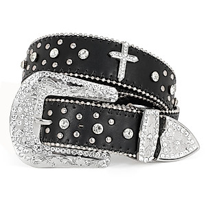 JASGOOD Rhinestone Studded Belt for Men Women, Western Leather Belt for Cowgirl Cowboy Vintage Bling Belt for Pants Dress