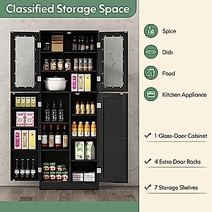 Giantex 63.5" Pantry Organizers and Storage, Freestanding Tall Storage Cabinet for Kitchen Bathroom Living Room Office, Wooden Utility Cupboard with Glass Doors & Shelves, 12.5"x24"x63.5" (Black)