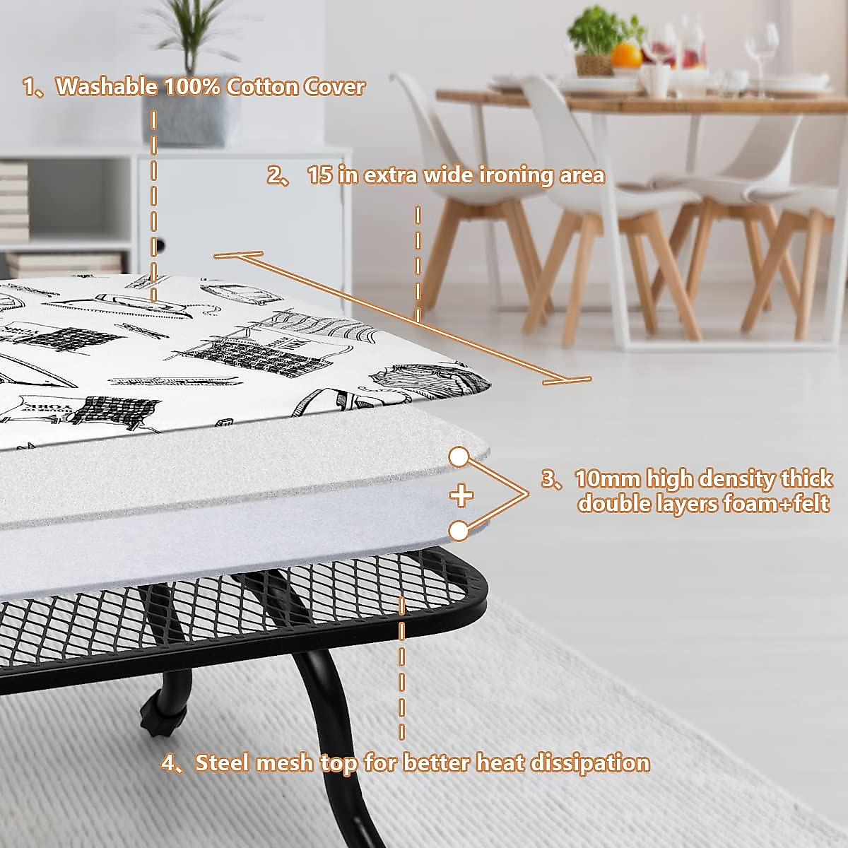 Duwee 15"x30" Table Top Ironing Board Extra Wide with Anti-Rust Hanging Hook and Removable Washable Cotton Cover, Steel Mesh Top Ironing Boards with 10mm Thicken Double Layers Feltpad and Foam,White