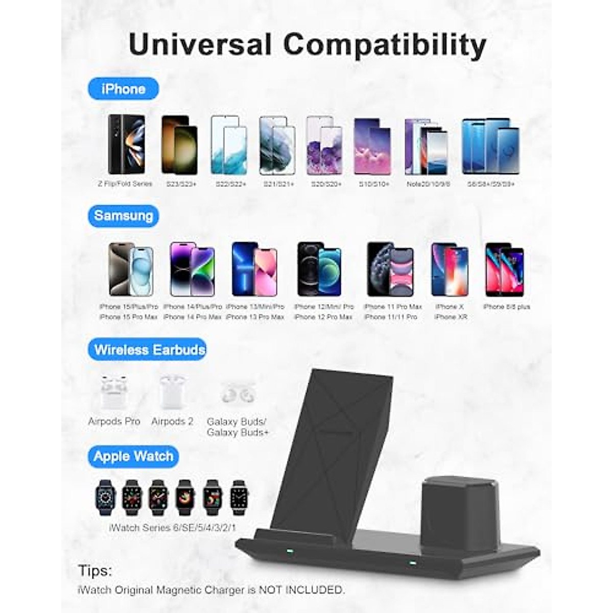 Wireless Charger - NANAMI 3 in 1 Fast Wireless Charging Station for Apple Watch Series 5/4/3/2/1,AirPods Pro, iPhone 15/14/13/12/11/XS/XR/X,Galaxy S24/S23/S22/S21/S20/S10/S9/Note 20(with 18W Adapter)