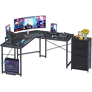 ODK L Shaped Gaming Desk with 4 Drawer Storage Cabinet Dresser, Black Carbon Fiber Computer Desk and Black Dresser