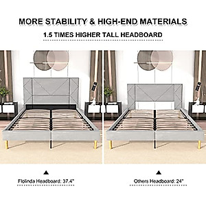 Flolinda Queen Size Bed Frame, Upholstered Queen Bed Frame with Tufted Velvet Headboard, Mattress Foundation, Strong Wood Slat Support Double Bed Frame, No Box Spring Needed, Easy Assembly, Grey