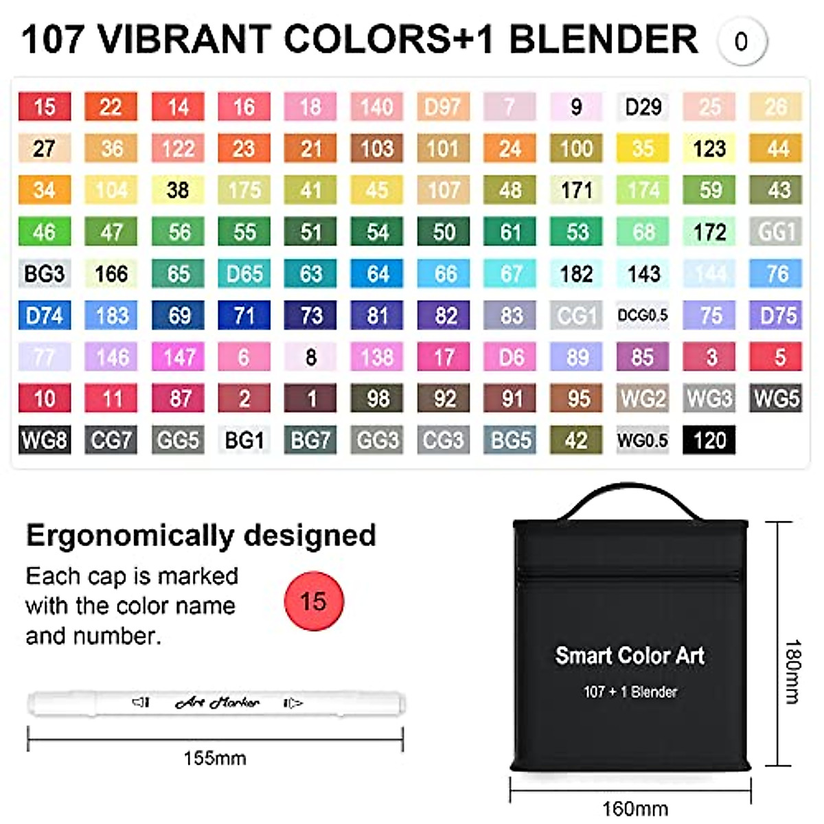 108 Pack Art Markers, 107 Coloring Markers and 1 Blender, Alcohol Based Dual Tip Permanent Markers Highlighters with Case, Excellent for Adults Kids Marking Drawing Sketching by Smart Color Art