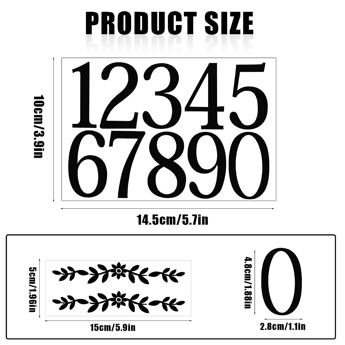 AIEX 2 Inch Vinyl Reflective Mailbox Number Stickers, 4 Sheets Waterproof Self-Adhesive Mailbox Decals with 2pcs Flower Border Decoration for Outside Sign Window Door Car House Address Numbers (Black)