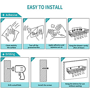 EATAKWARD 4 Pack Shower Caddy Basket Shelf with Soap Dish,Hair Dryer Holder &Hooks Strong Adhesive Wall Mounted Shelf Organizer Storage Rack 304 Stainless Steel Shelves for Bathroom Kitchen, Black