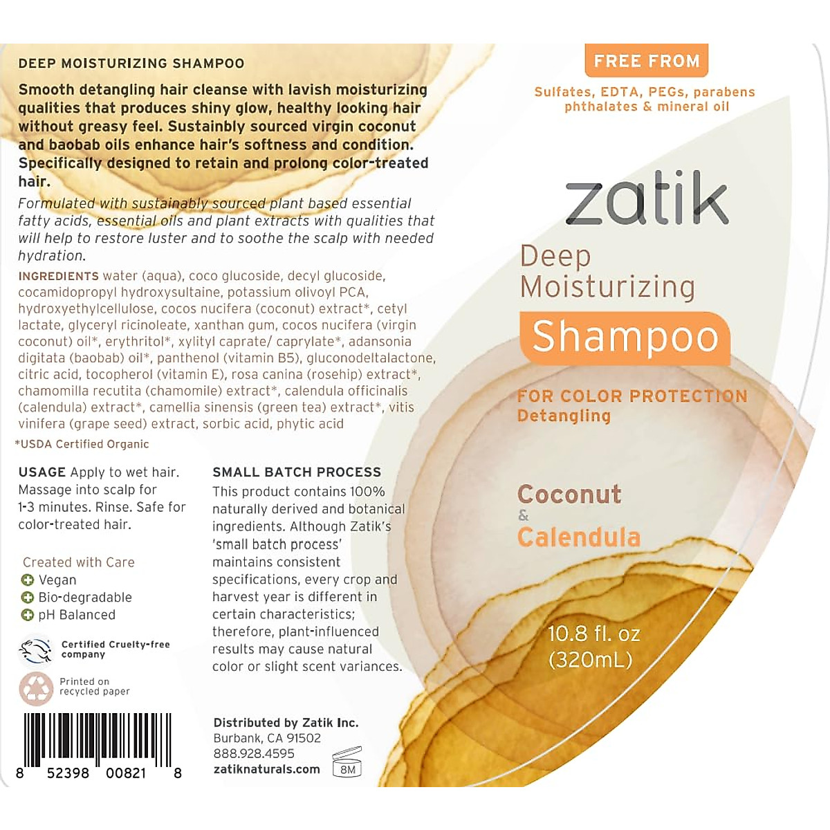 Zatik Naturals - Deep Moisturizing Shampoo with Coconut & Calendula - Vegan Bio-degradable pH balanced, for Colored and Dry Hair, Free From Sulfates, phthalates & Synthetic Fragrances - 10.8 Fl Oz