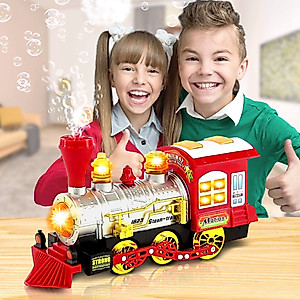 Bubble Blowing Toy Train with Lights & Sounds, Bump and Go Toddler Train Toys for Around The Tree, Kids Bubble Machine, for Boys & Girls Ages 1-6