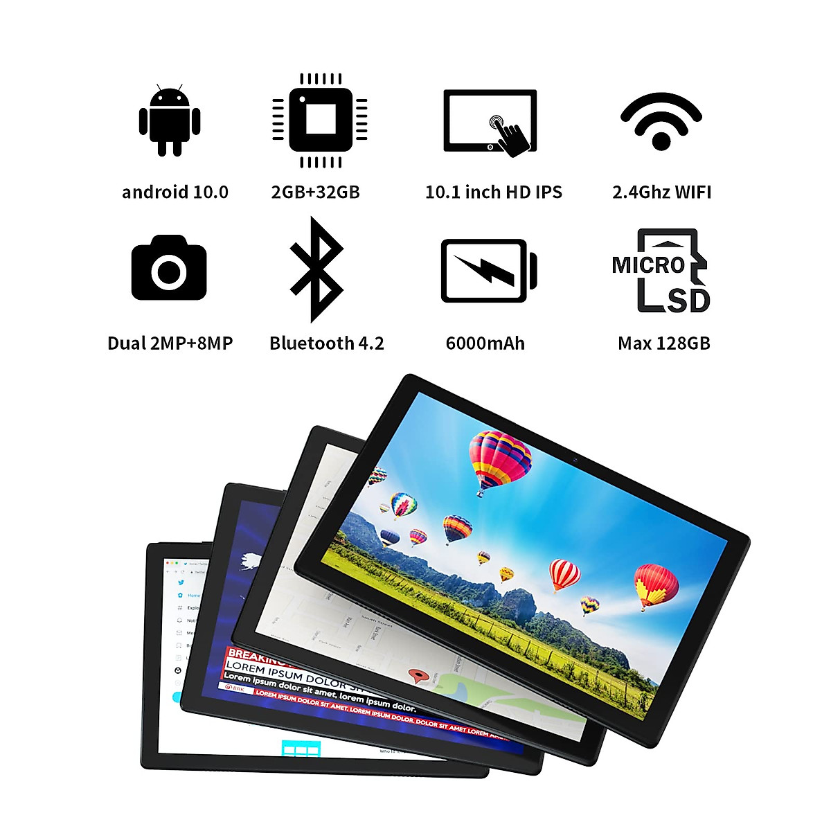 TPZ Tablet 10 Inch Android Tablet, 2023 Latest Quad-Core 32GB Storage Tablet Computer, 6000mAh Battery, Dual 8MP+2MP Camera, WiFi, Bluetooth, GPS, 128GB Expand Support, HD Large Touchscreen-Black