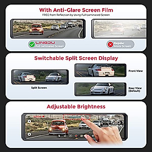 LINGDU LD03 12" Full Touch Screen Mirror Dash Cam with Detached Camera, Front and Rear Dual Cameras, Backup View Mirror Camera, FHD 1080P, Super Night Vision for Car, Includes Free 64GB Card & GPS