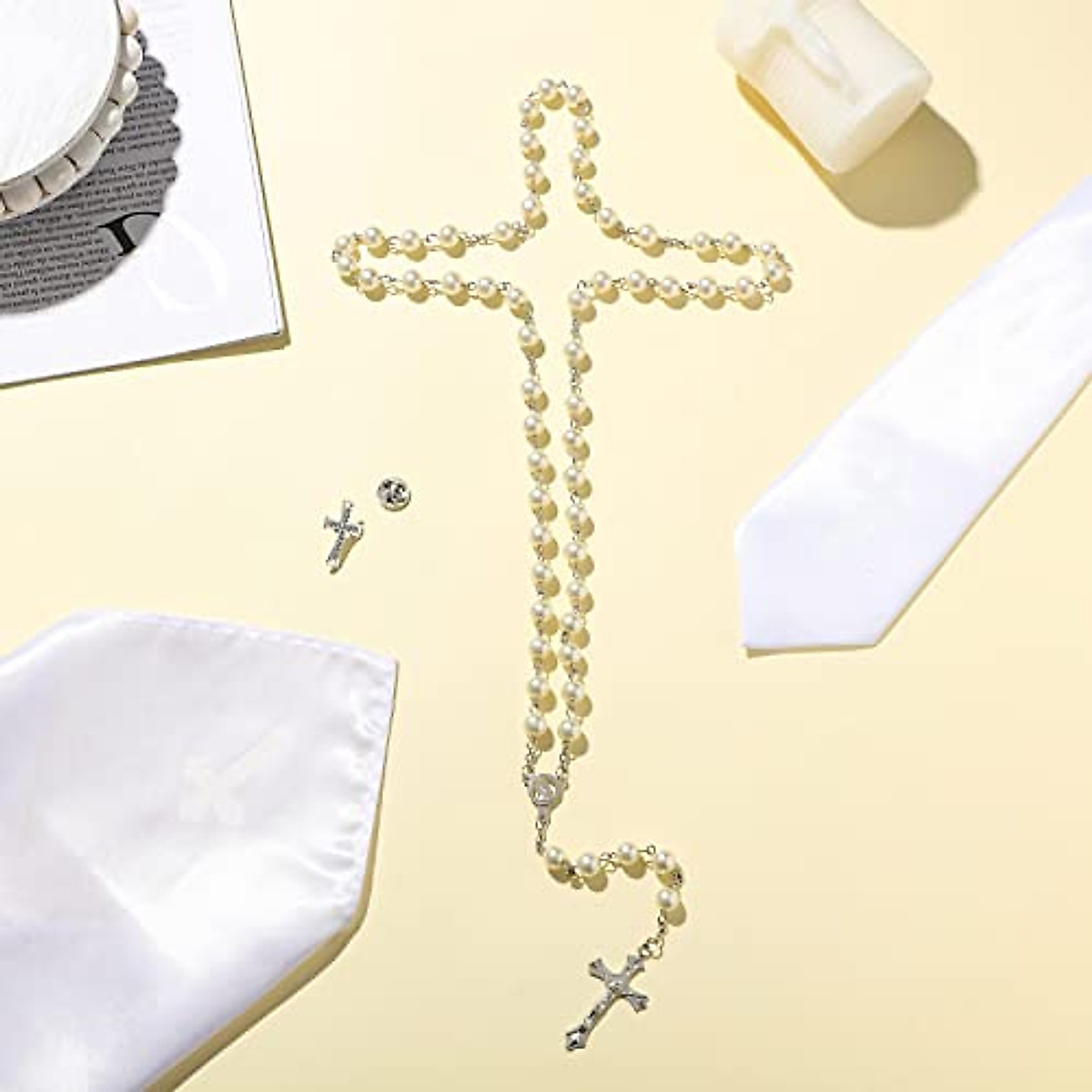 5 Pieces Boys First Holy Communion Accessories Boys Communion Set Including 1 White Tie 1 Folded Handkerchief Embroidered with the Cross 1 Cross Pin 1 Pearl Rosary 1 Cross Candle for Baptism
