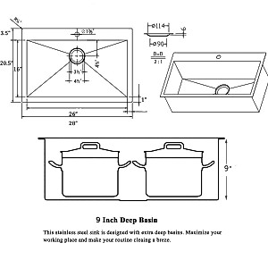 SHACO Commercial 28 inch 16 Gauge Top mount Drop-in Single Bowl Basin Handmade T304 Brushed Nickel Kitchen Sink, Stainless Steel 9 Inch Deep Kitchen Sinks, Fregadero