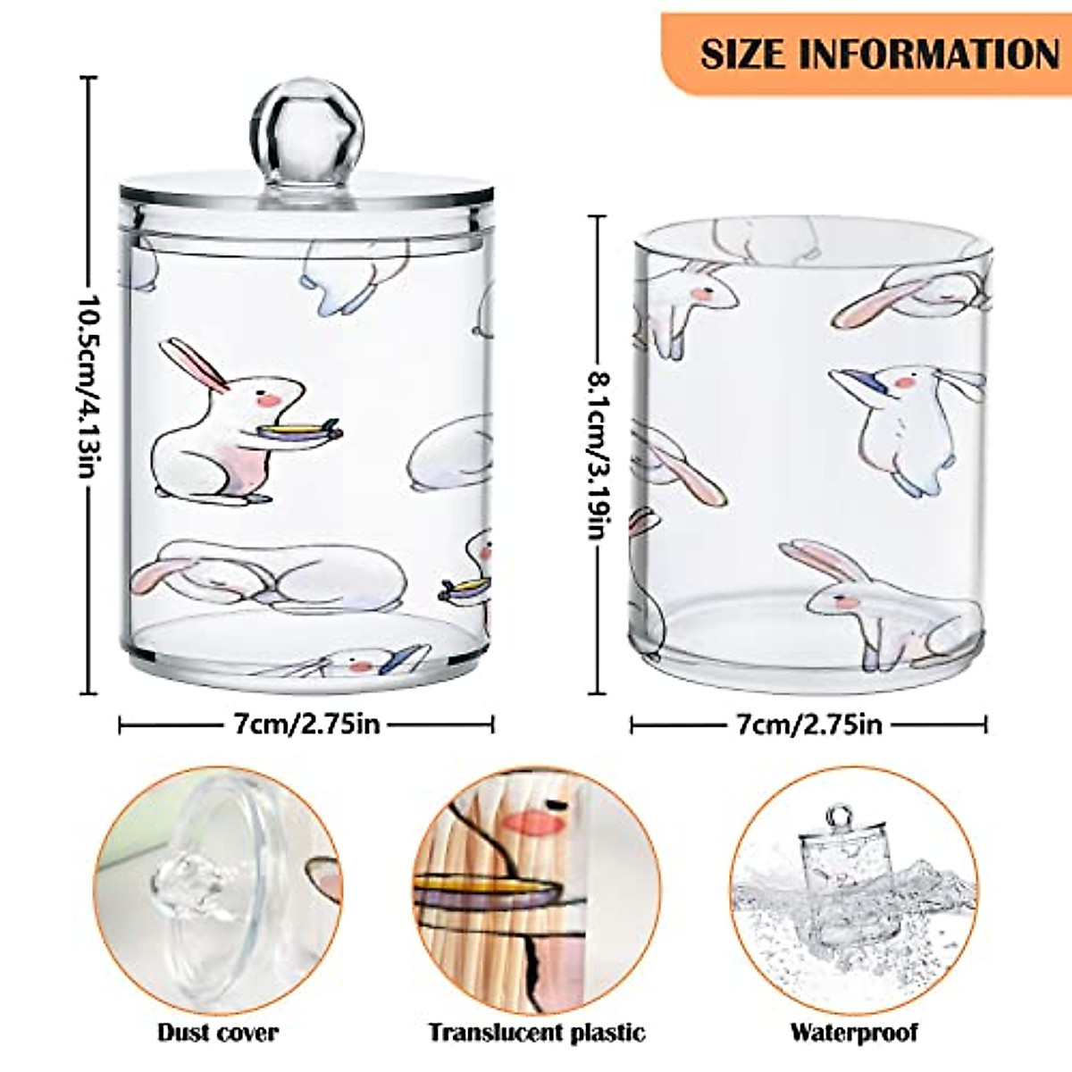 ALAZA Watercolor Rabbit Bunny Easter 2 Pack Qtip Holder Dispenser with Lid 14 Oz Clear Plastic Apothecary Jar Containers Jars Bathroom for Cotton Swab, Ball, Pads, Floss, Vanity Makeup Organizer