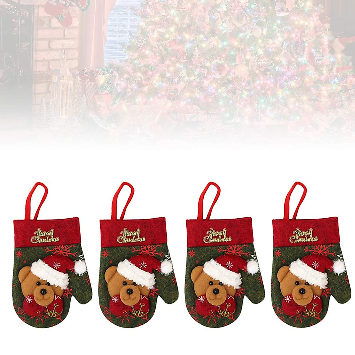 DOITOOL 4 Pcs Christmas Cutlery Bags Mini Christmas Stockings Gloves Bear Tableware Cover Xmas Silverware Holders Christmas Table Decoration