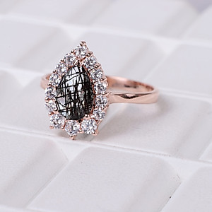 Teardrop Black Rutilated Quartz Engagement Ring CZ Dimond Halo Wedding Ring Rose Gold Plated Bridesmaid Jewelry Gift For Wife BY KANISHKA GEMS JEWELS