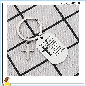 FEELMEM Christian Baptism Gift Jesus Loves Me My Baptism Dog Tag Keychain Teen Adult Woman Religious Baptized Jewelry Confirmation Gift for Girl (silver)