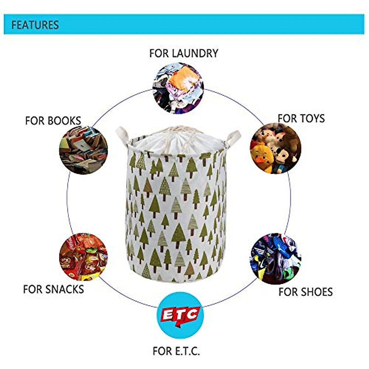 HeyToo 17.7in Drawstring Waterproof Foldable Laundry Hamper,Dirty Clothes Laundry Basket,Handle Linen Bin Storage Organizer for Toy Collection Tree