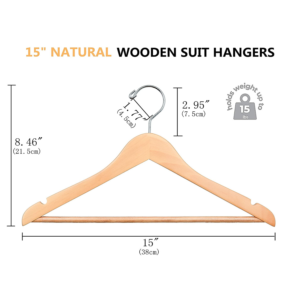 Amber Home 20 Pack 15" Natural Wooden Clothes Hangers for Woman, Teenager Clothing Hangers for Shirt Jacket, Solid Wood Dress Coat Hangers with Non Slip Pants Bar (Natural, 20)