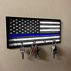 Brotherhood Thin Blue Line Law Enforcement Subdued American Flag Key Holder Organizer Wall Mount Rack for Holders The Home Keys Ring Decorative Hangers Decor Hook Hanger